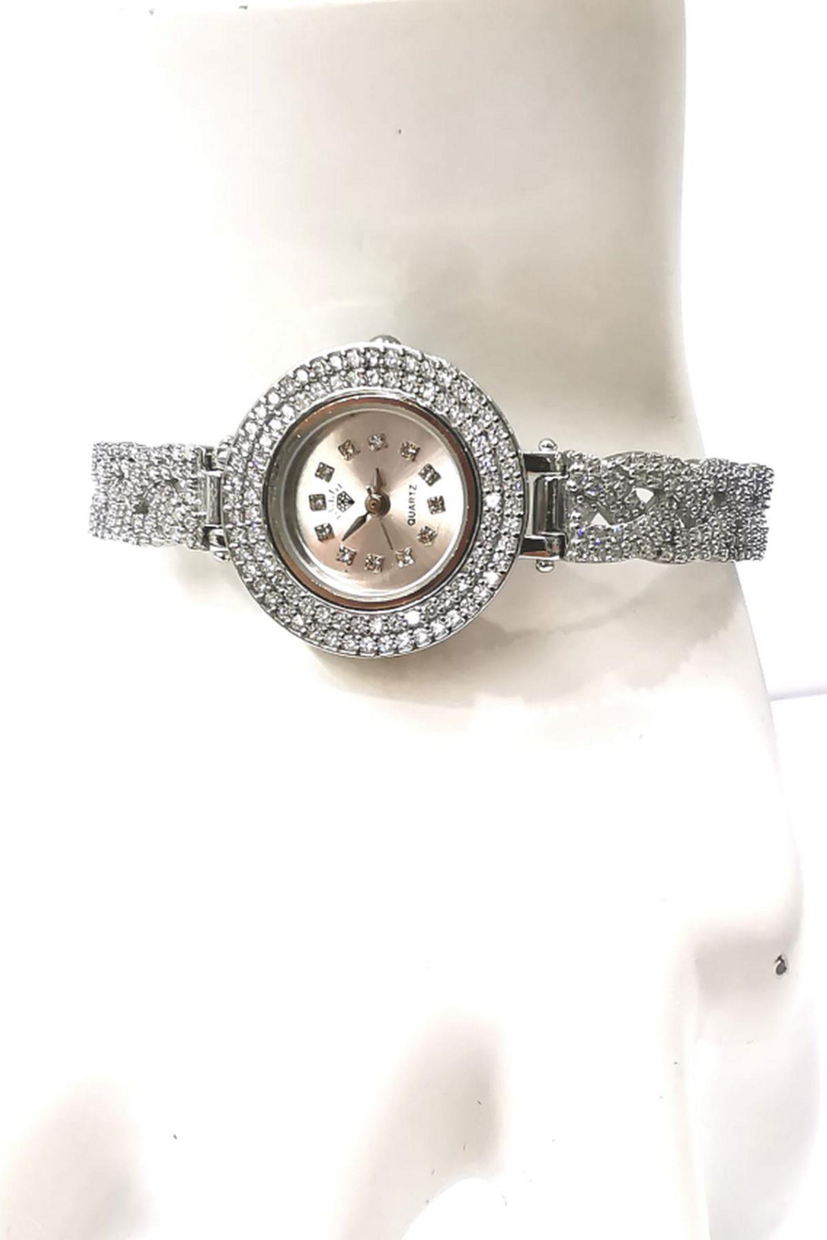 Kadın Gümüş Saat Zirkon Taşlı | Örgü Bileklik Model Saat - Omar Silver